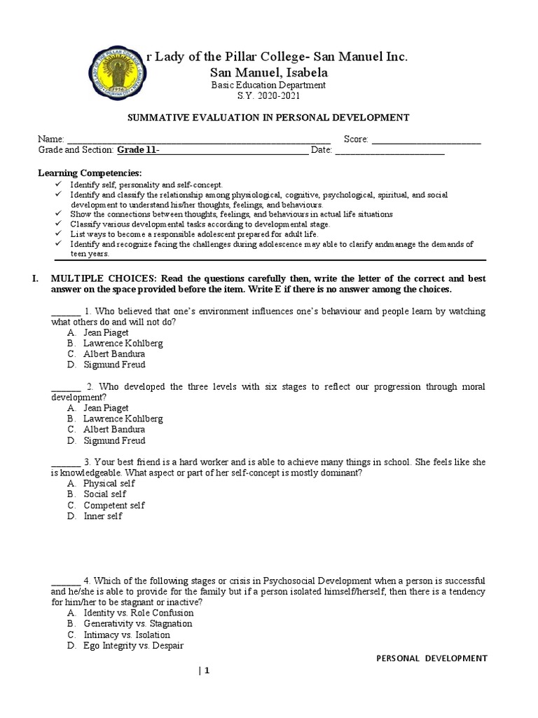 Grade 11 Personal Development Quiz | PDF | Self Concept | Adolescence
