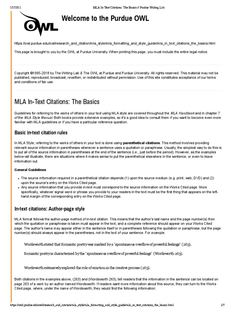 MLA In-Text Citations - The Basics - Purdue Writing Lab | PDF | Citation | Bracket