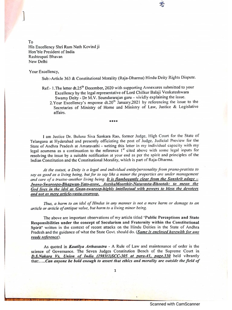 Letter To President To Safeguard Hindu Deities Rights by Former High ...