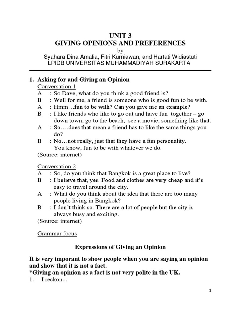 UNIT 3 Giving Opinion and Preferences | PDF | Phrase | Sentence ...