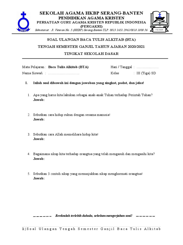 Soal Bta Kelas 3 Pts 1 | PDF