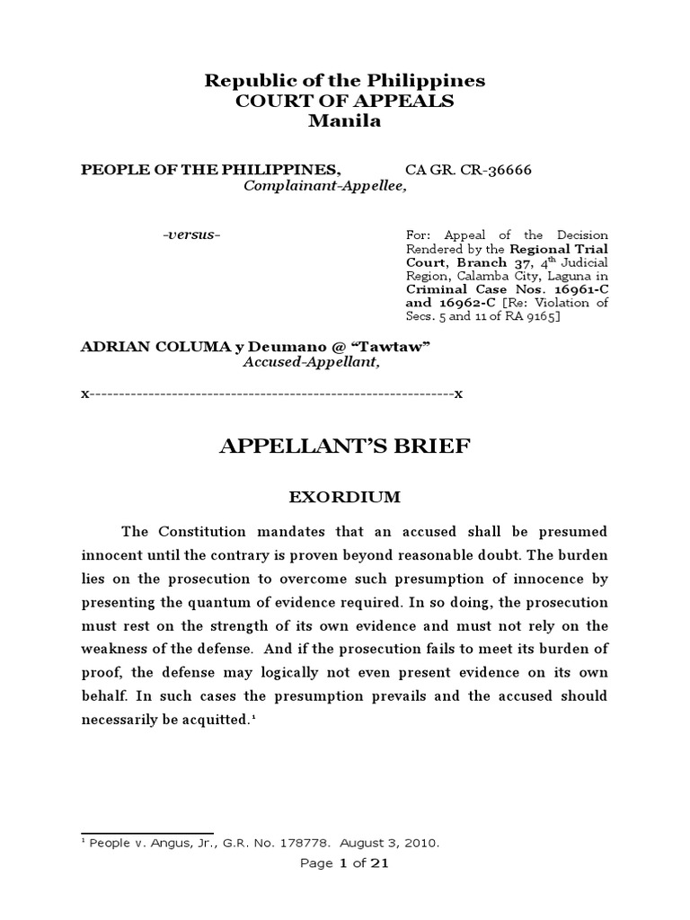 Republic of The Philippines Court of Appeals Manila: Appellant'S Brief ...