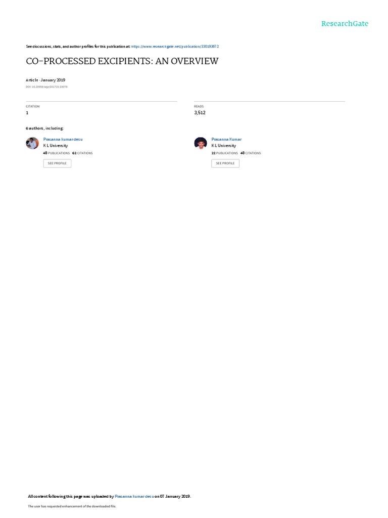 Co-Processed Excipients: An Overview: January 2019 | PDF | Tablet ...