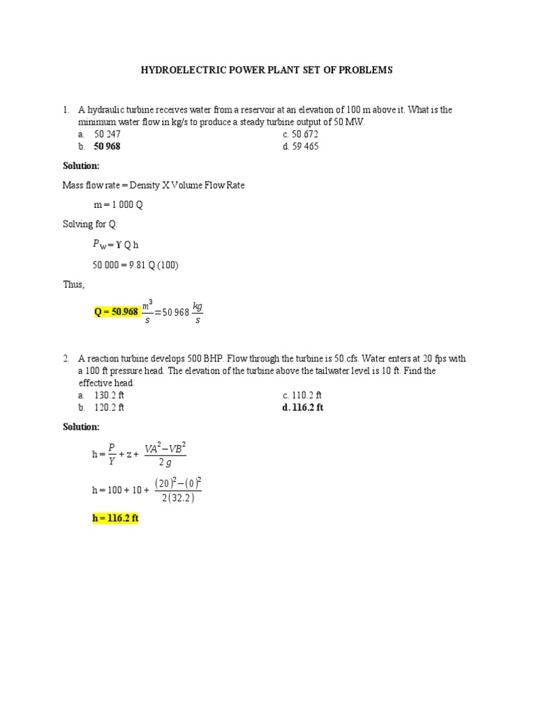 Hydroelectric Power Plant Set of Problems | PDF | Turbine ...