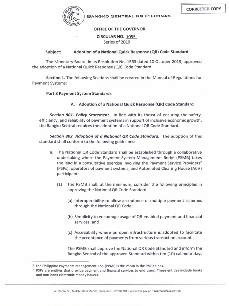 BSP Circular 1055 | PDF | Payment System | Payments