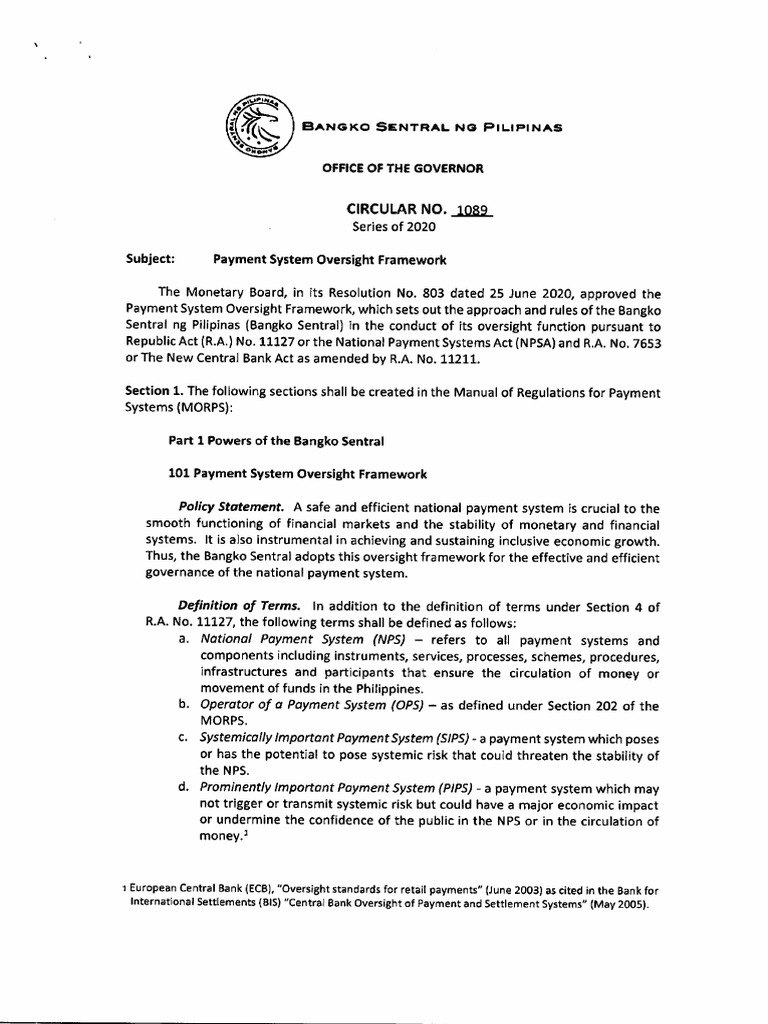 BSP Circular 1089 | Download Free PDF | Payment System | Governance