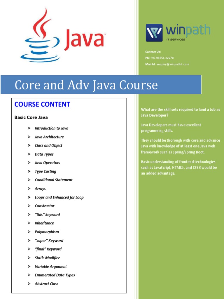 Java Course Content Updated - WinPath IT | PDF | Java (Programming Language) | Software Development