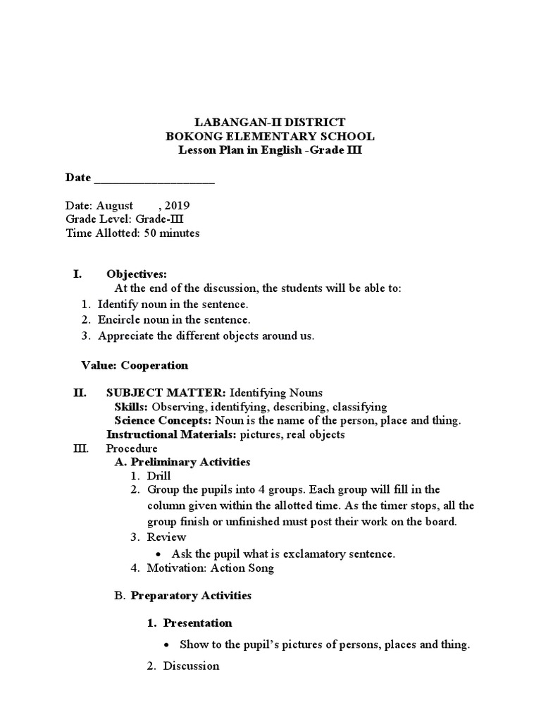 Lesson Plan in English - NOUN | PDF | Lesson Plan | Noun