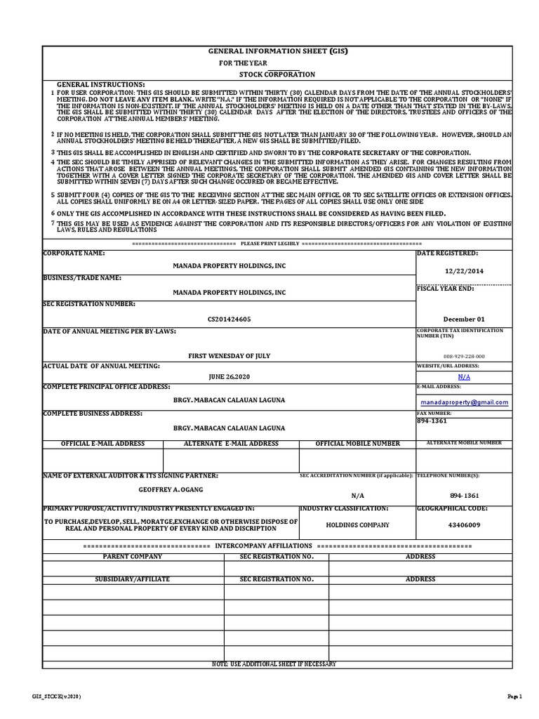 Stock Corporation General Instructions:: General Information Sheet (Gis ...