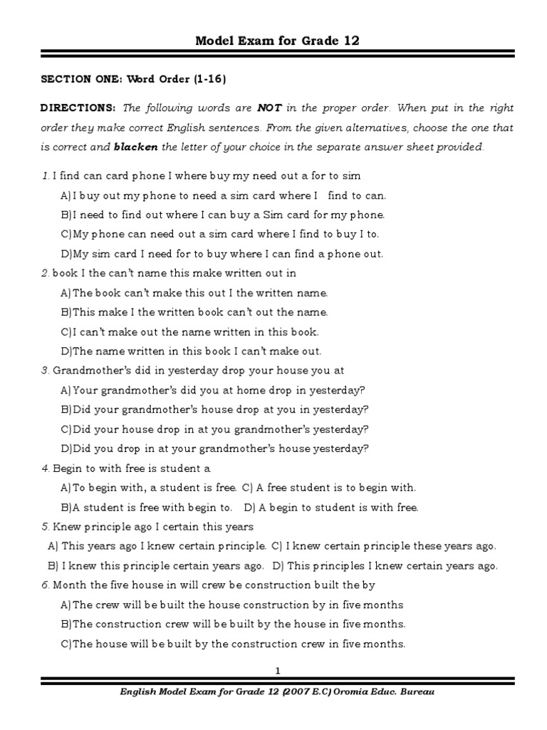 Model Ethiopian Grade 12 Exam | PDF | Speed Reading