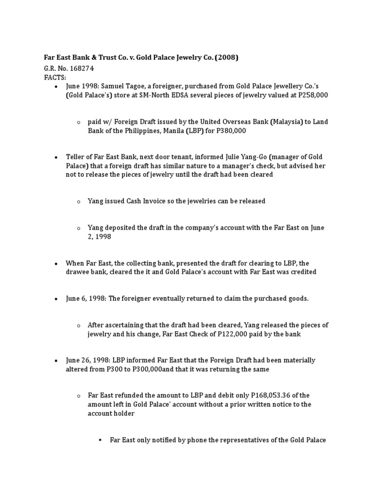 G.R. No. 168274 FEBTC Vs Gold Palace | PDF | Cheque | Payments