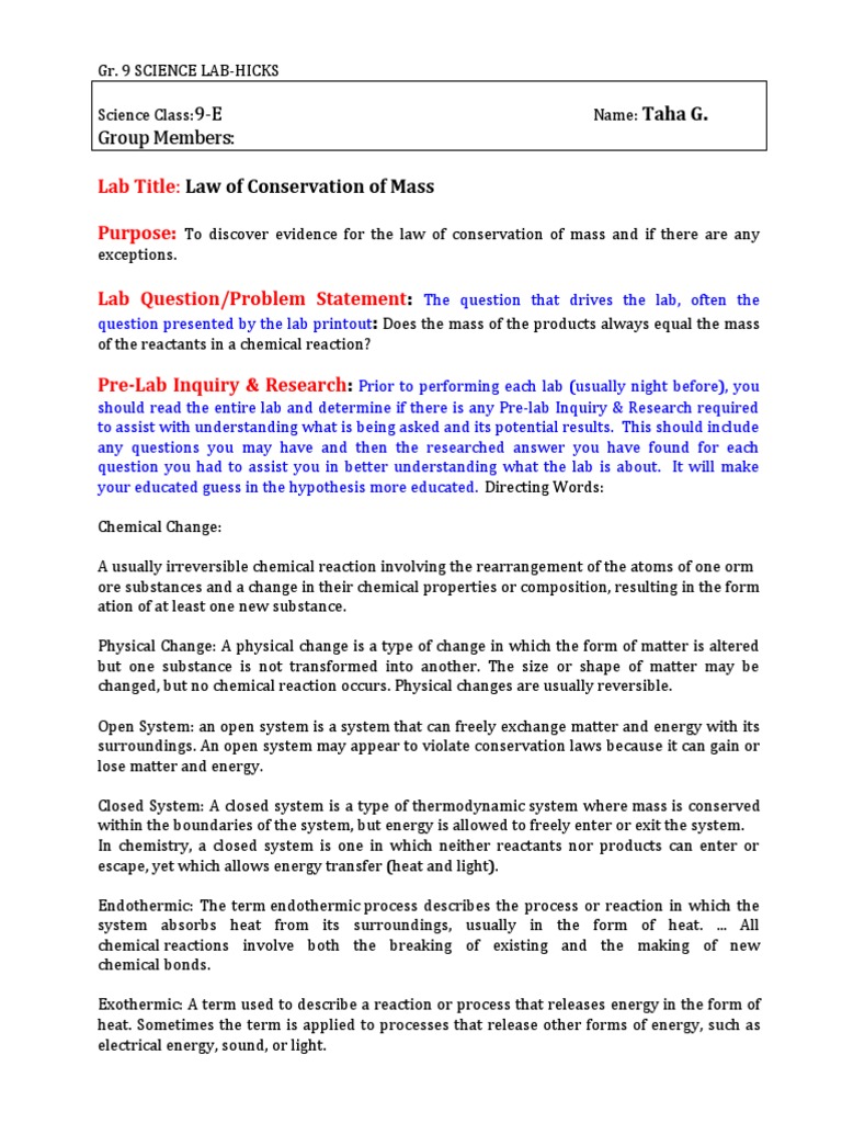 Lab Title: Purpose:: 9-E Group Members: Law of Conservation of Mass ...