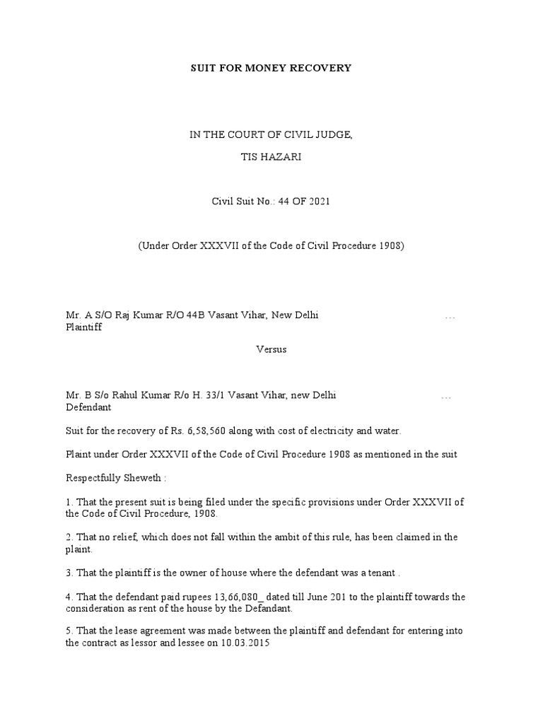 Suit For Money Recovery | PDF | Lawsuit | Lease