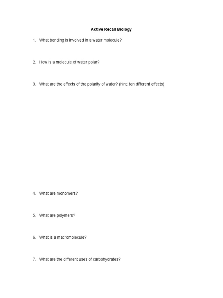Active Recall for A Level Biology | PDF | Carbohydrates | Polysaccharide