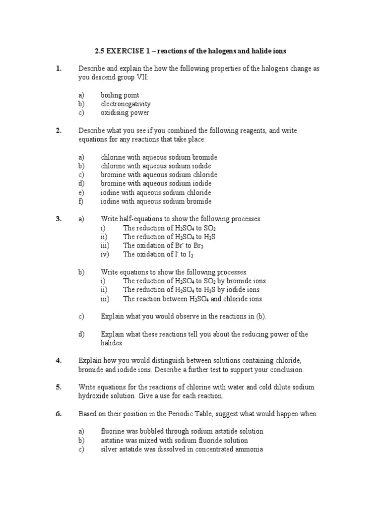 2.5 EXERCISE 1 - Reactions of The Halogens and Halide Ions 1 | PDF