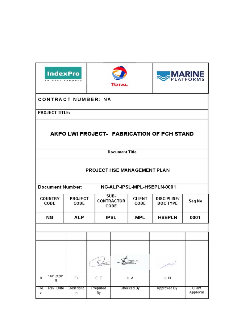 Project HSE Management Plan for the Fabrication of PCH Stand for the Akpo Lwi Project | PDF ...
