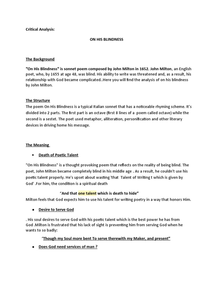 Critical Analysis of "ON HIS BLINDNESS" | PDF | Poetry | Poetic Form
