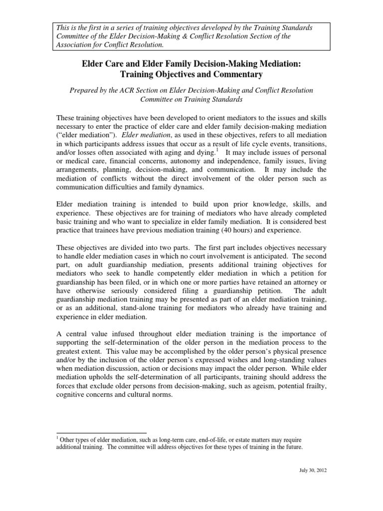 Elder Care and Elder Family Decision-Making Mediation: Training Objectives and Commentary | PDF ...