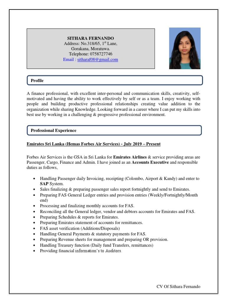 Cv-Sithara Fernando | PDF | Emirates (Airline) | Accounts Payable