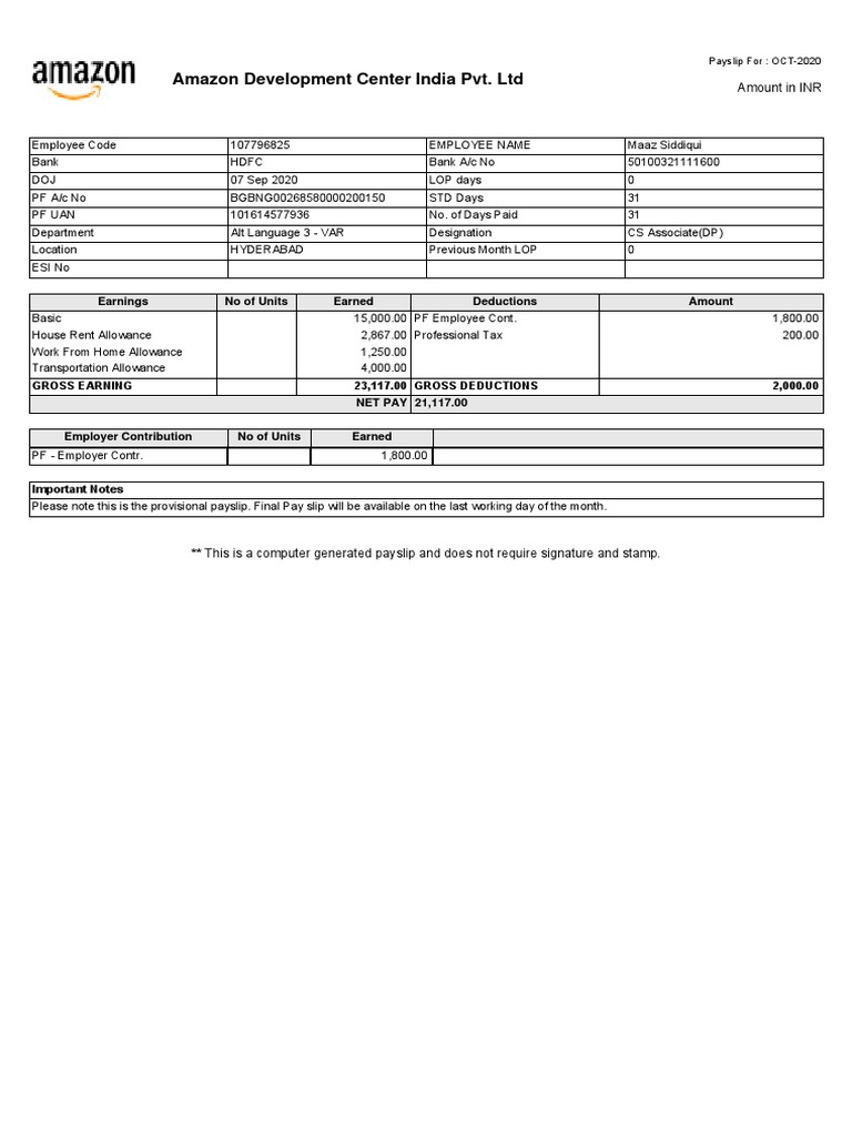 Amazon Development Center India Pvt. LTD: Amount in INR | PDF