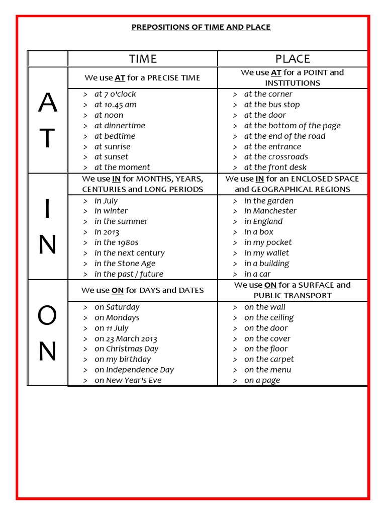 Prepositions of Time and Place in On at Grammar Guides - 53554 | PDF