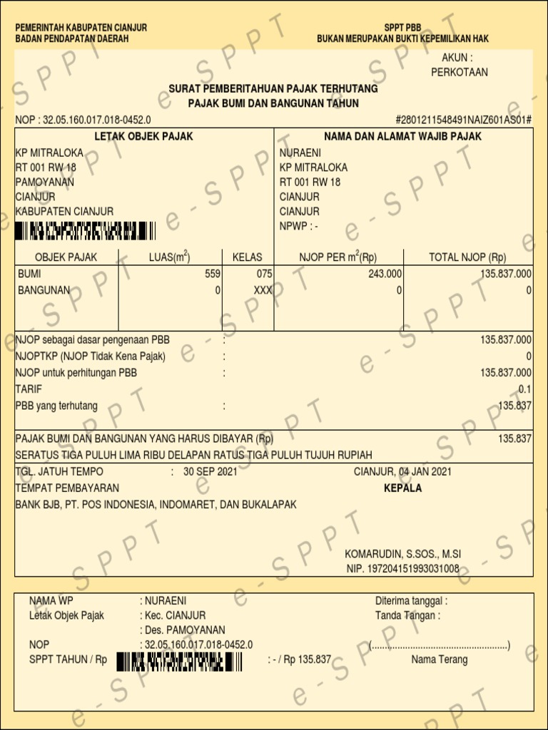 Surat Pemberitahuan Pajak Terhutang Pajak Bumi Dan Bangunan Tahun | PDF
