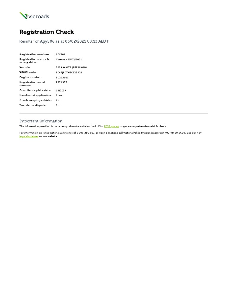 Vehicle Registration Check for AGY506 | PDF