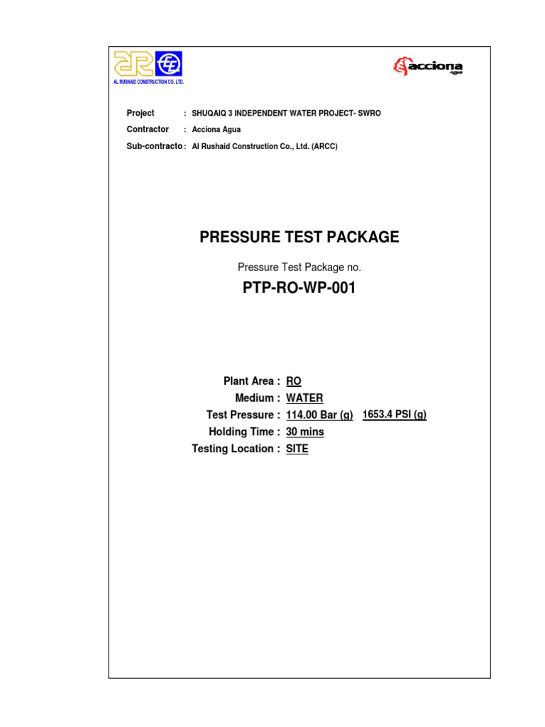 Pressure Test Package: Project Contractor Sub-Contractor | PDF ...