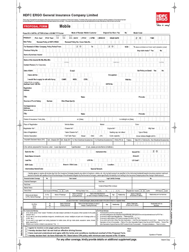 Motor Insurance Proposal Form | PDF