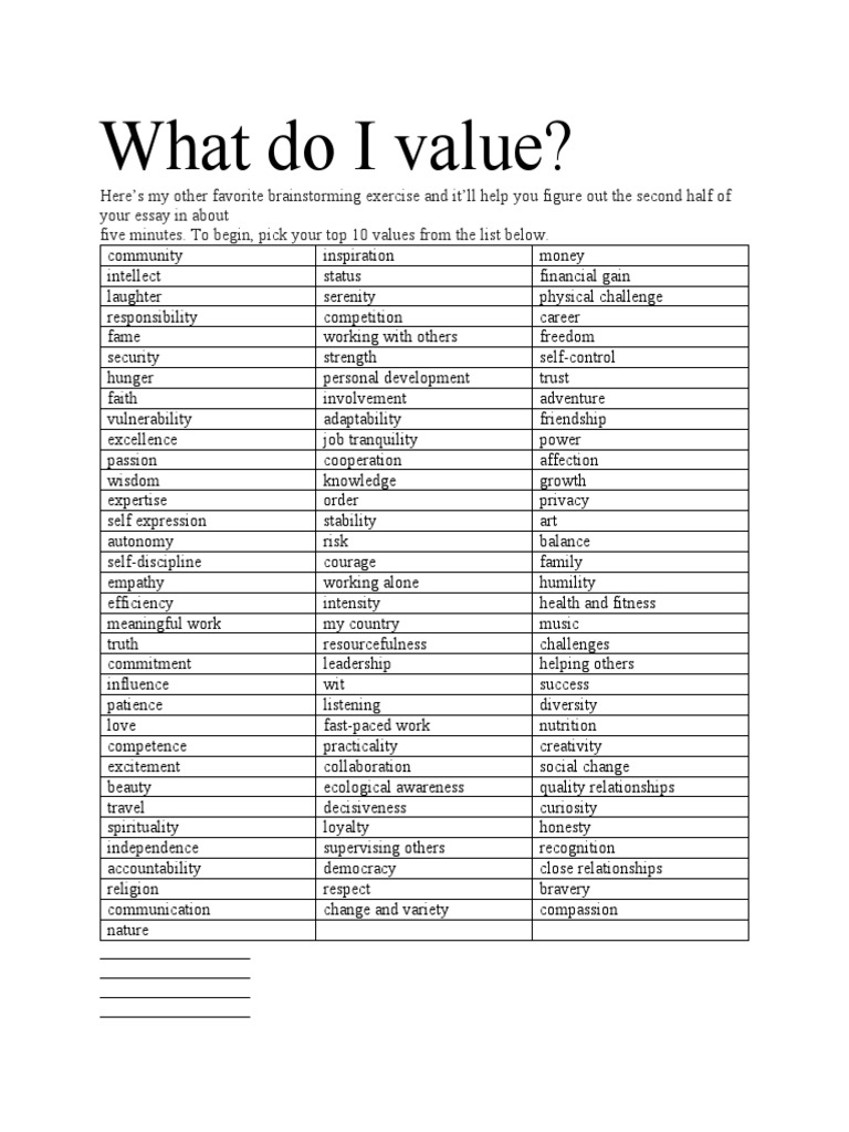 Values Exercise for College Essays | PDF | Autonomy | Courage