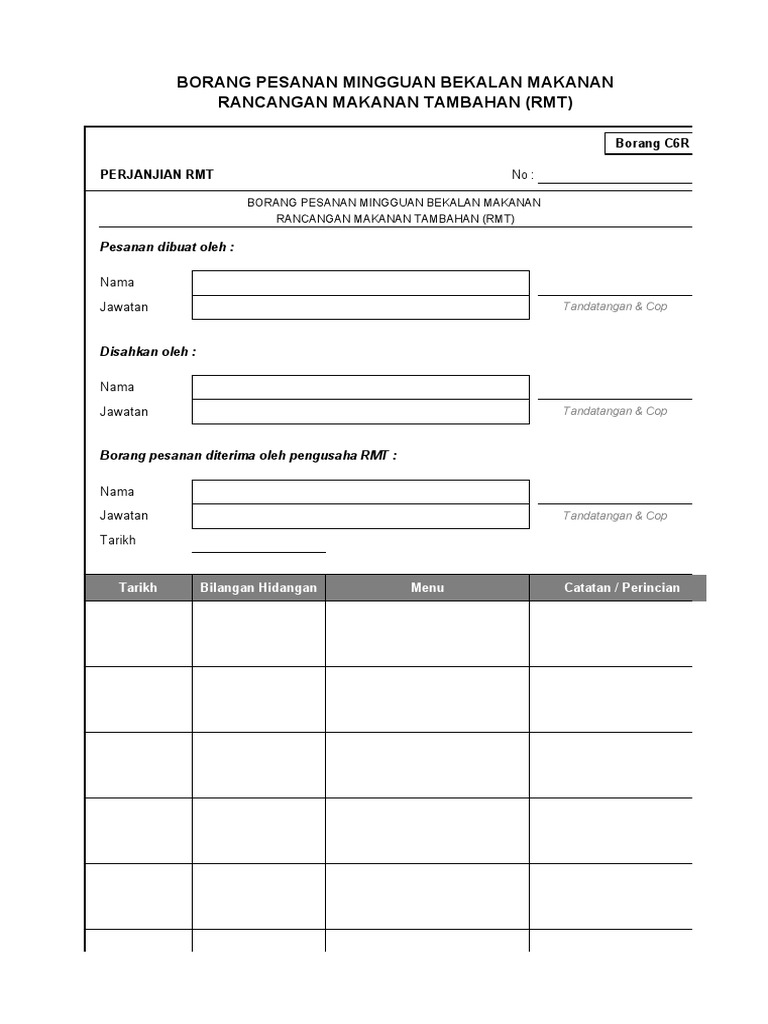 Borang Pesanan Mingguan RMT | PDF