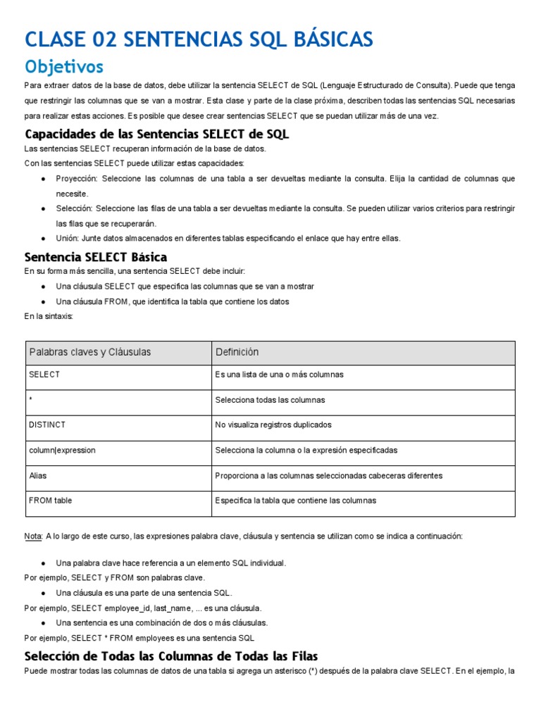 Clase 2 Sentencias SQL Básicas | PDF | SQL | Software de gestión de datos