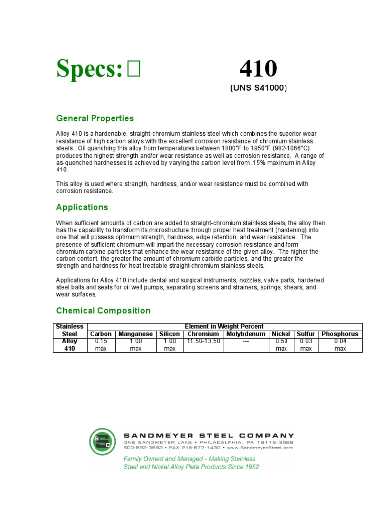 410 Spec Sheet | PDF | Heat Treating | Stainless Steel