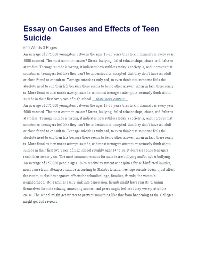 Essay On Causes and Effects of Teen Suicide | PDF