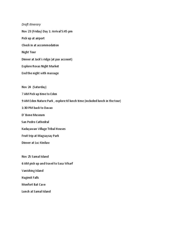 Draft Itinerary - Davao 4d3n | PDF | Art