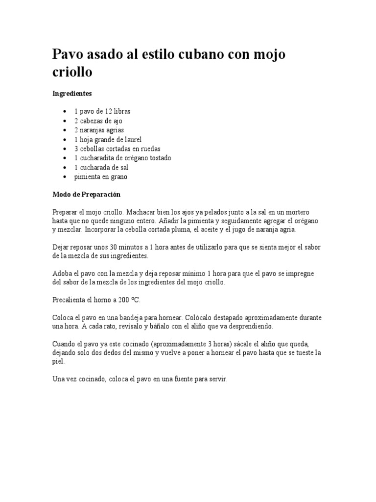 Pavo Asado Al Estilo Cubano Con Mojo Criollo | PDF