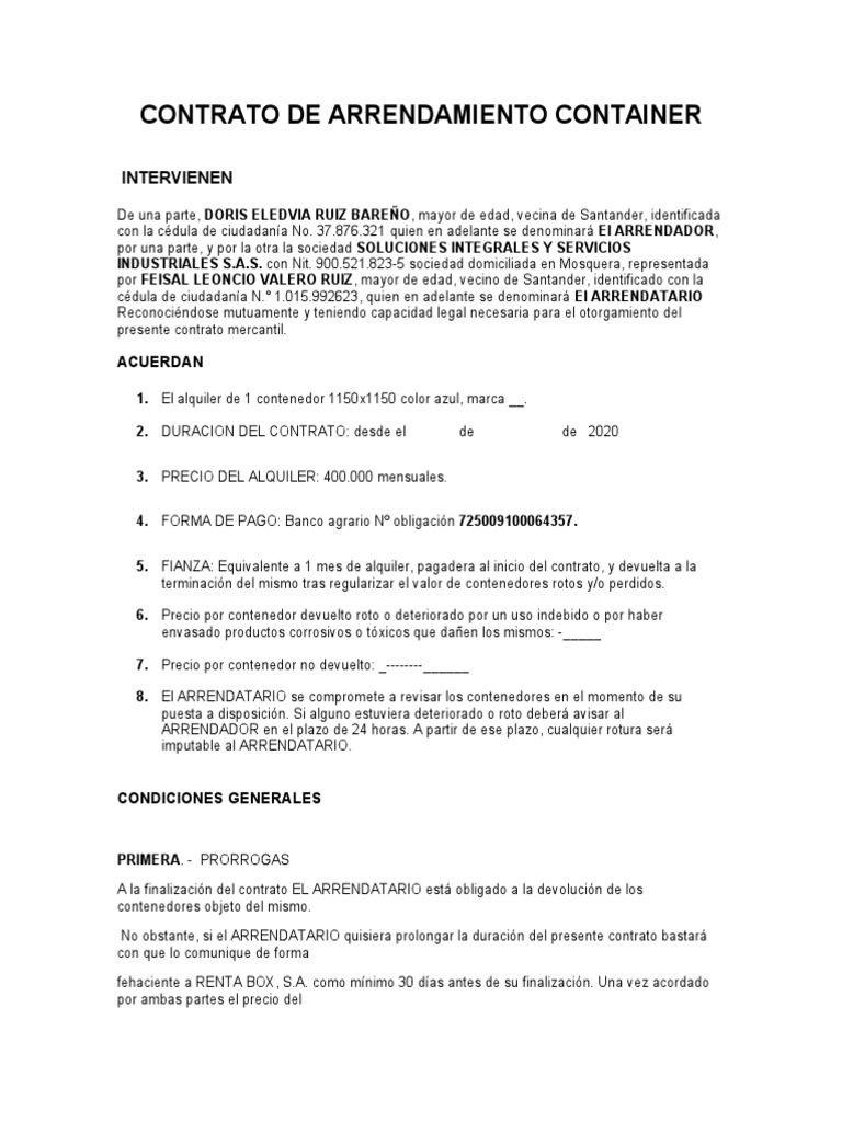 Contrato de Arrendamiento Container | PDF | Alquiler | Salario de ...