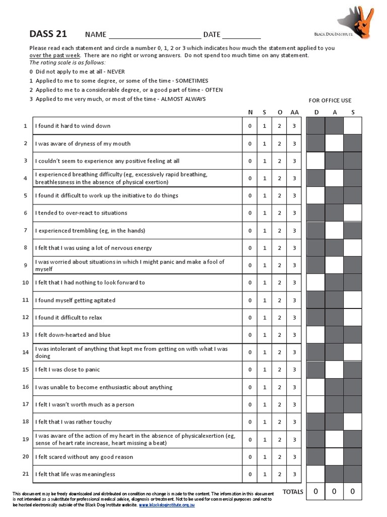 Depression Anxiety Stress Scales DASS3481 Survey Questionnaire | PDF ...