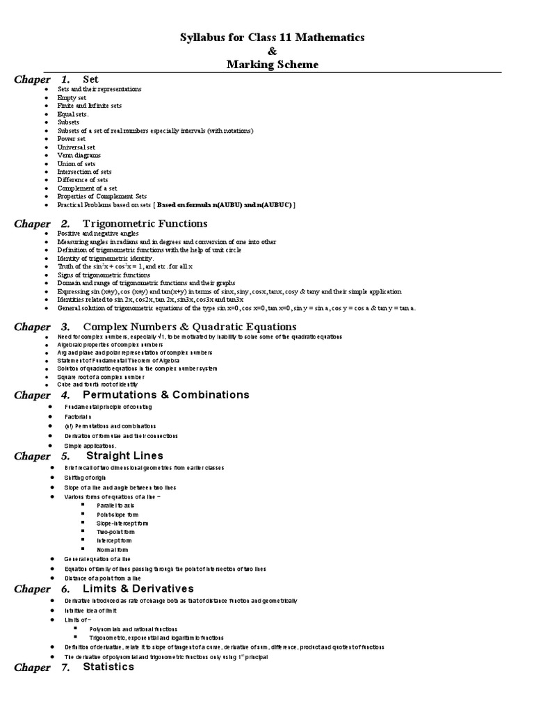 Syllabus For Class 11 Mathematics & Marking Scheme: Chaper 1 | PDF ...