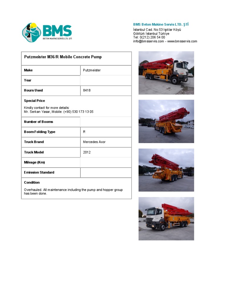 Putzmeister M36/R Mobile Concrete Pump: BMS Beton Makine Servis LTD ...