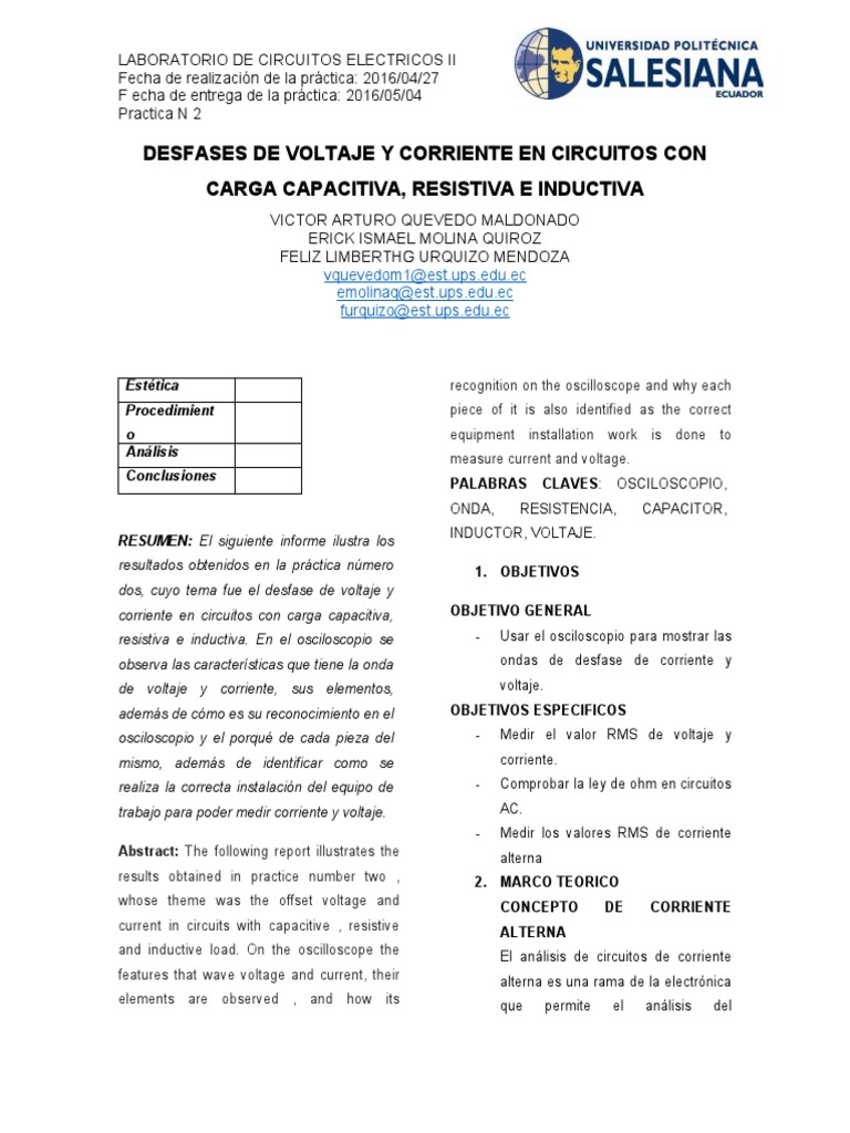 Desfases de Voltaje y Corriente en Circuitos Con Carga Capacitiva | PDF ...