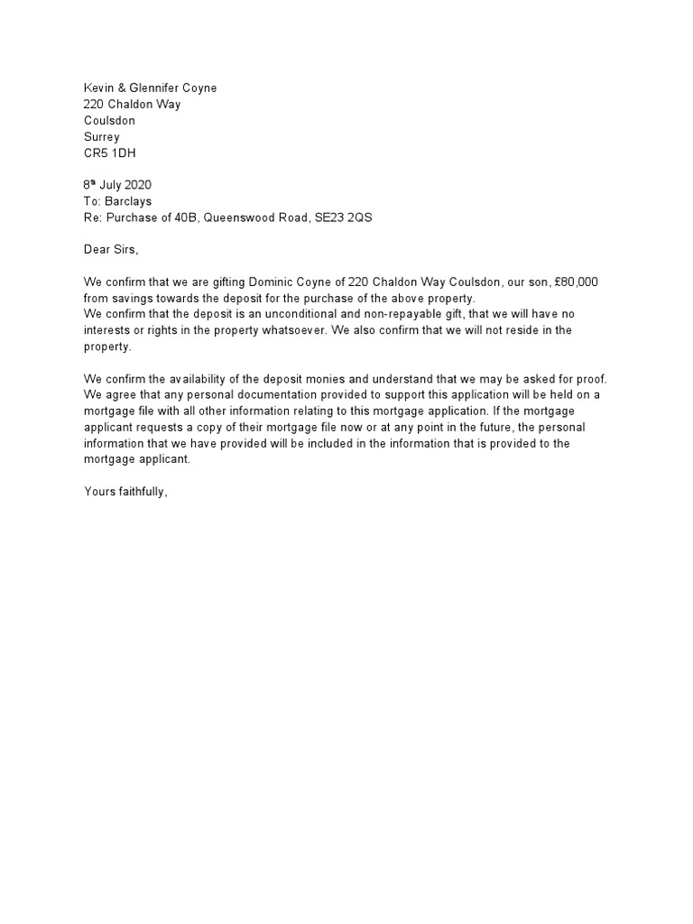 Gifted Deposit Letter Example | PDF