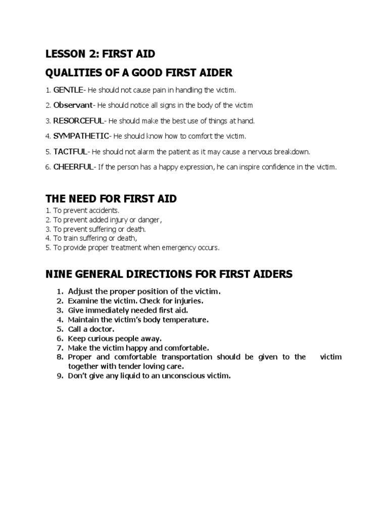 Lesson 2: First Aid Qualities of A Good First Aider: Gentle Observant ...