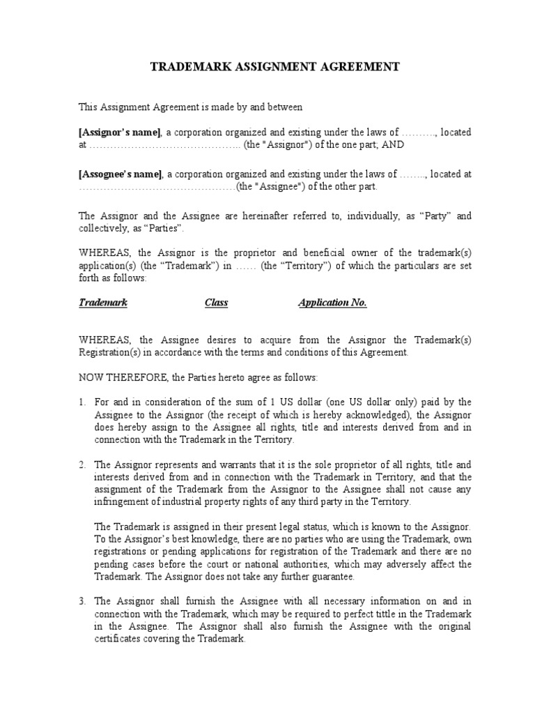 Trademark Assignment Agreement: (Assignor's Name), A Corporation Organized and Existing Under ...
