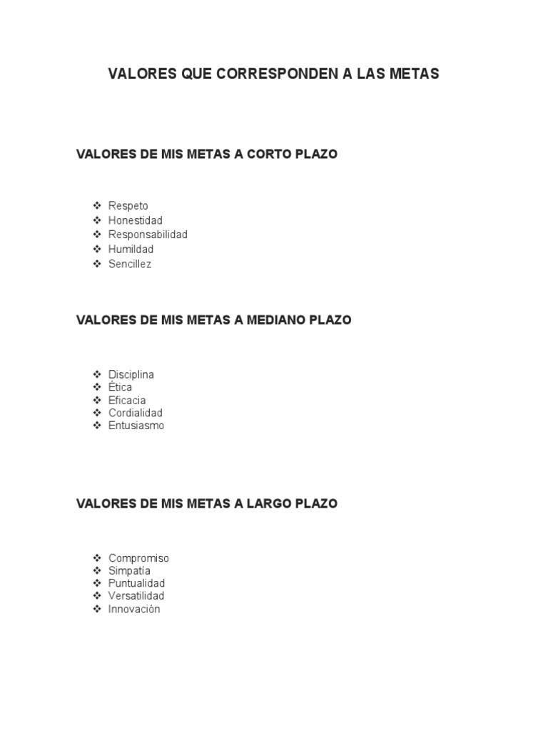 Valores Que Corresponden A Las Metas | PDF