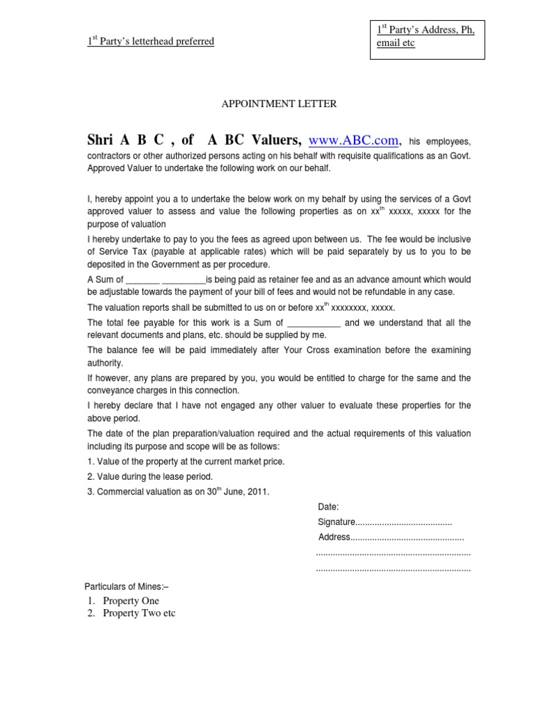 Proforma Appointment of Valuer | PDF | Real Estate Appraisal | Valuation (Finance)