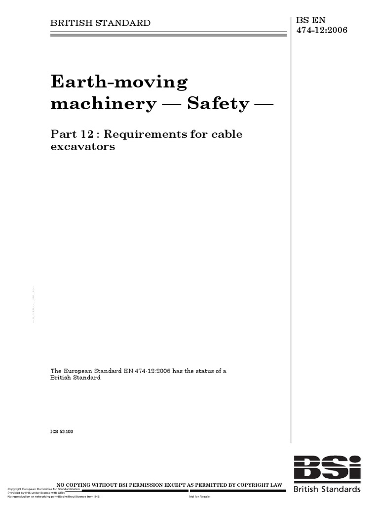 BS EN 474-12 - 2x6 EARTH MOVING MACHINERY Safety Requirements For Cable ...