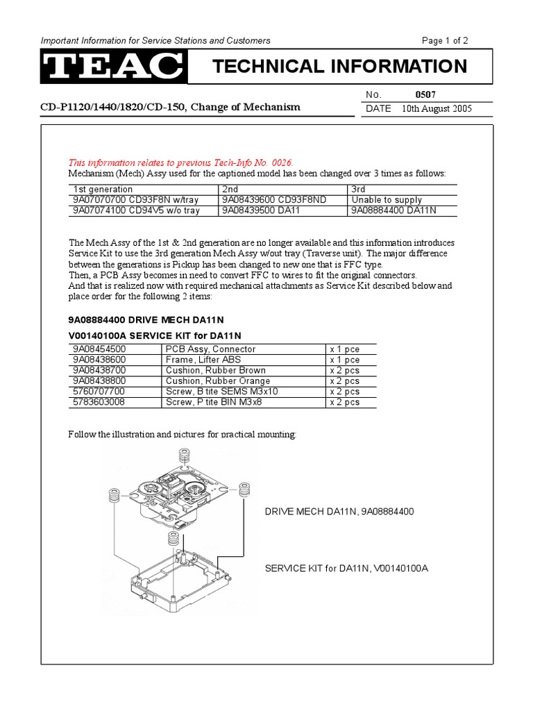 CD-P1120 Mechanism Change Notice | PDF | Equipment | Vehicles