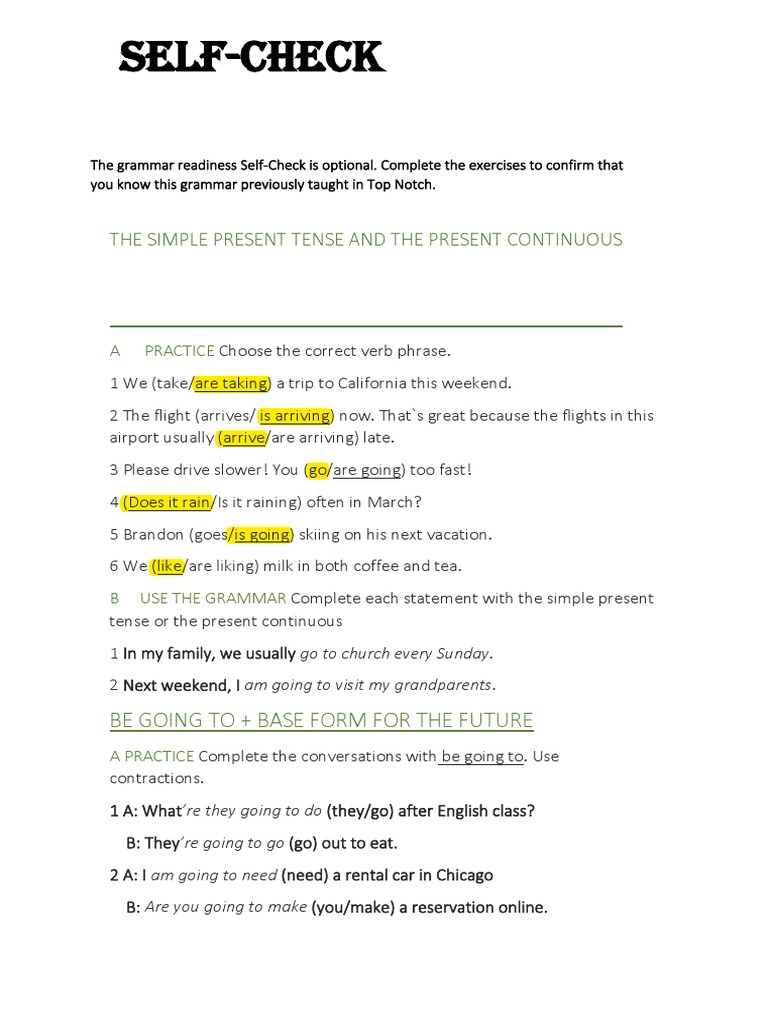 Self-Check: The Simple Present Tense and The Present Continuous | PDF ...