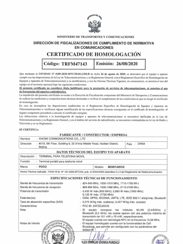 Certificado de Homologación | PDF